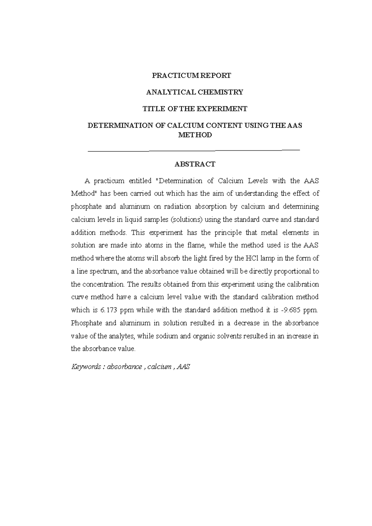 Determination of Calcium Using THE AAS Method lab report - PRACTICUM ...
