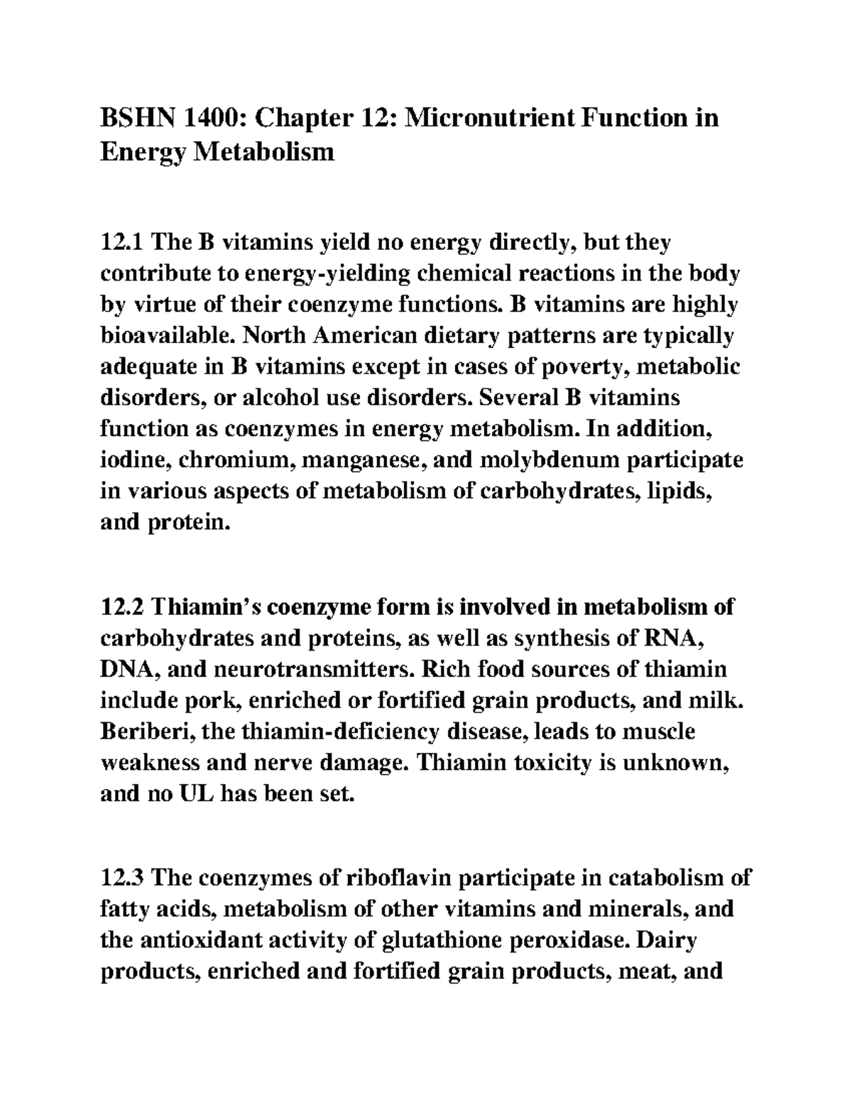 BSHN 1400- Chapter 12 - Micronutrient Function in Energy Metabolism ...