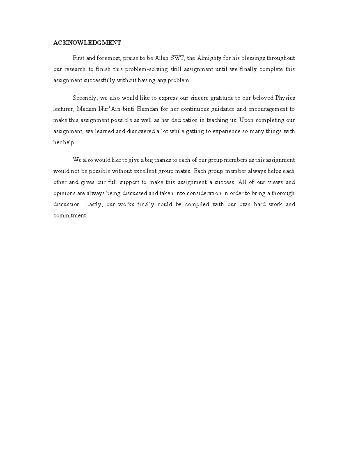 Final Problem Solving - hhhdjdjdodjfjfj - ACKNOWLEDGMENT First and ...