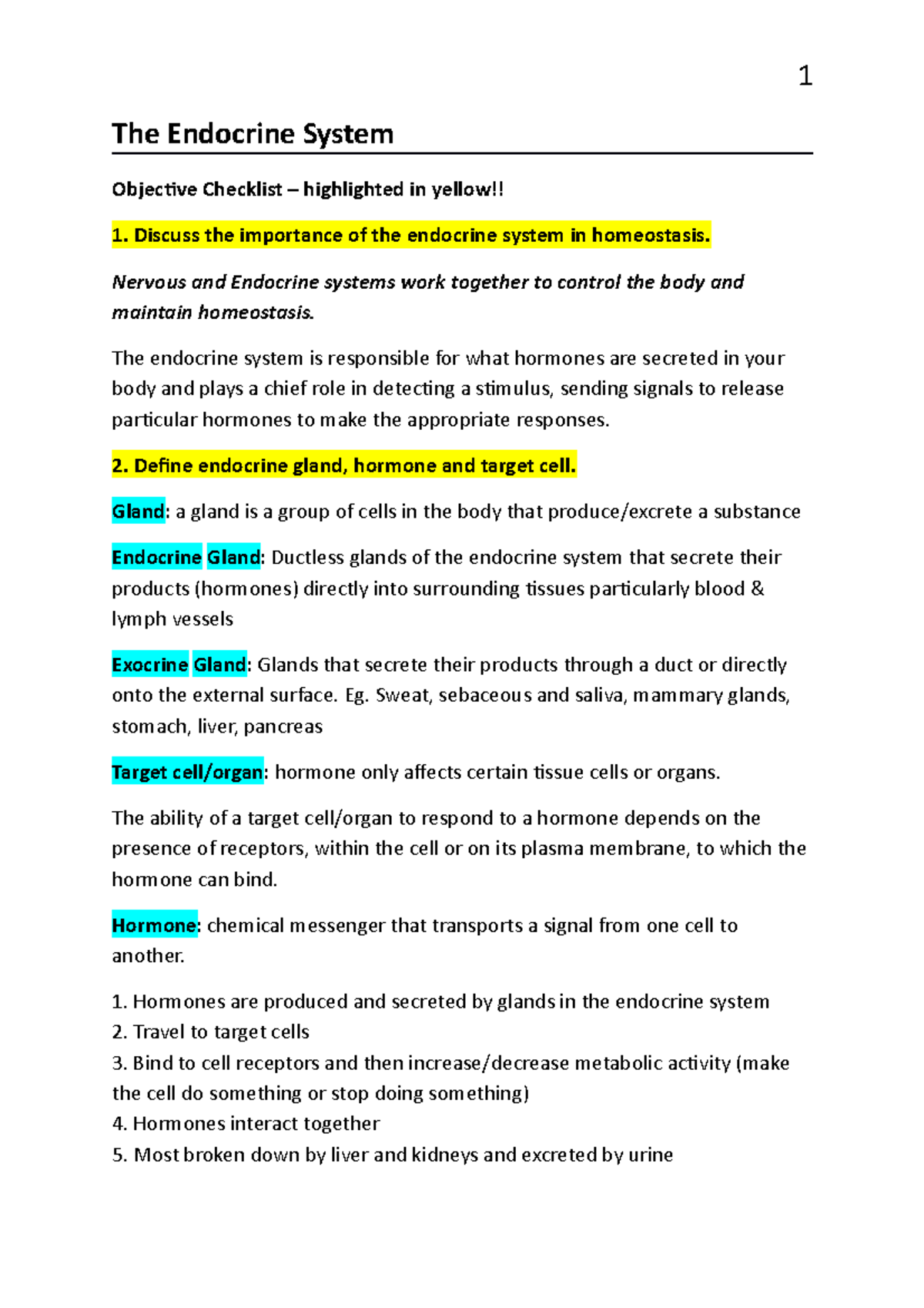 Endocrine System - Lecture notes 8 - The Endocrine System Objective ...