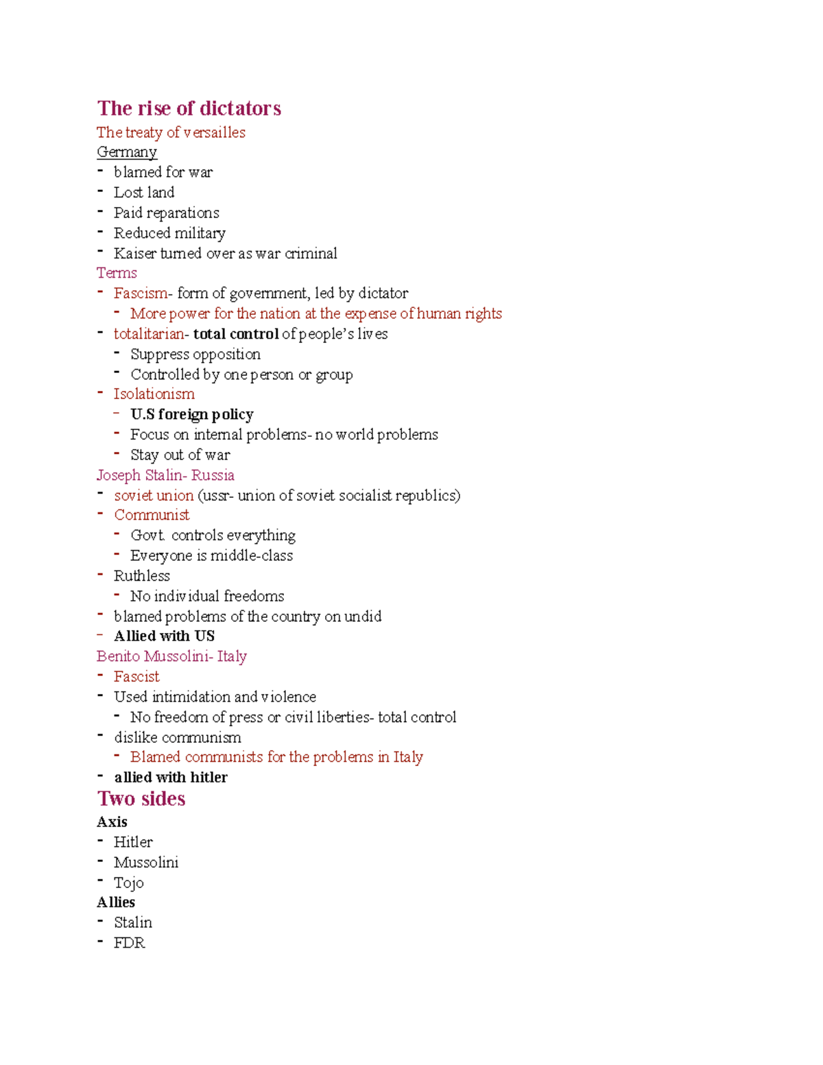 WW2 2 - WW2 notes in depth - The rise of dictators The treaty of ...