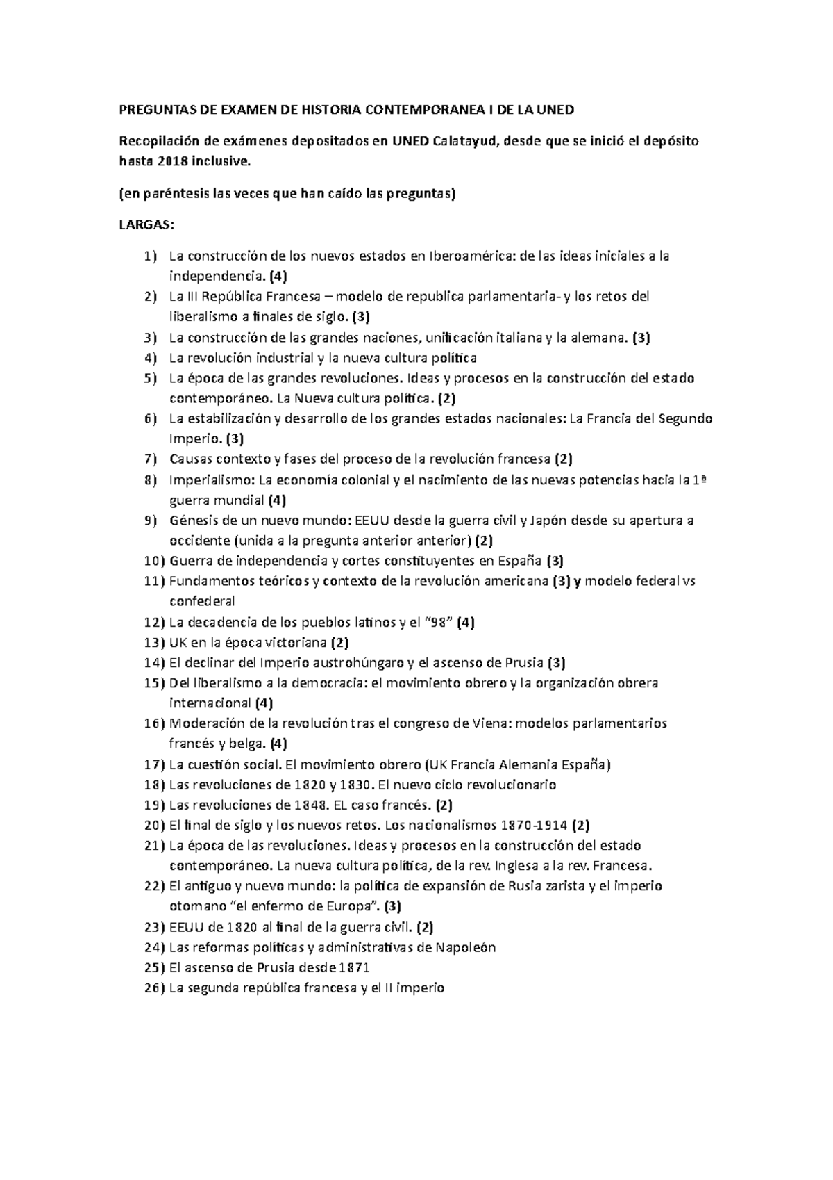 Examen, preguntas - PREGUNTAS DE EXAMEN DE HISTORIA CONTEMPORANEA I DE ...
