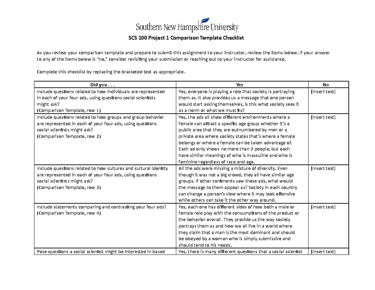 SCS 100 Comparison Checklist Final - SCS 100 Project 1 Comparison ...