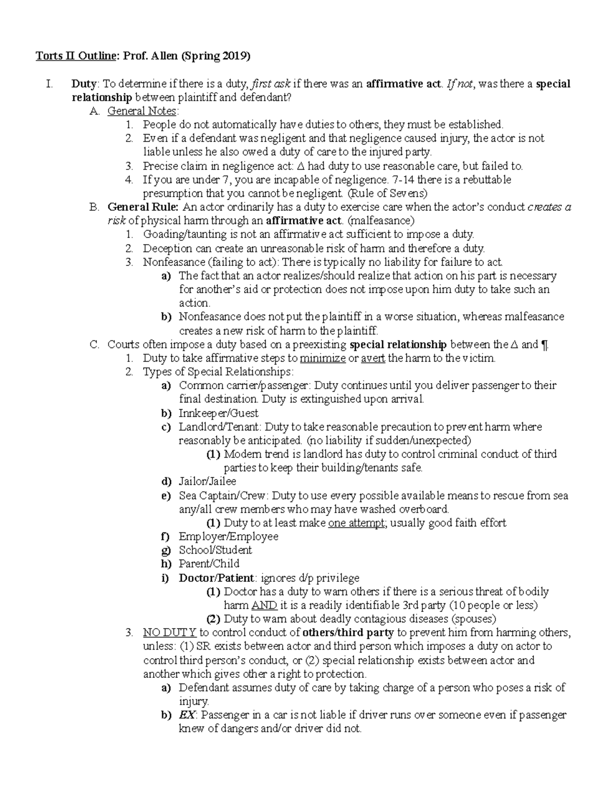 Allen Torts 2 Spring 2019 - Torts II Outline: Prof. Allen (Spring 2019 ...