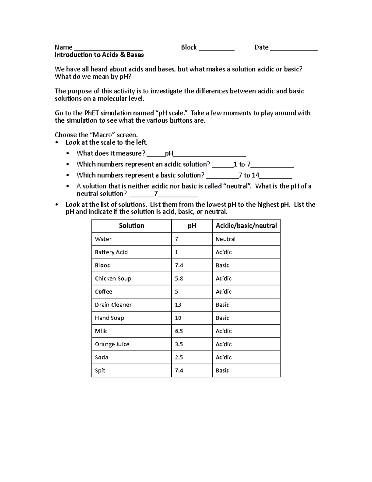 Ph ET p H - Acid Base Solutions : Concentration and Strength Remote Lab ...
