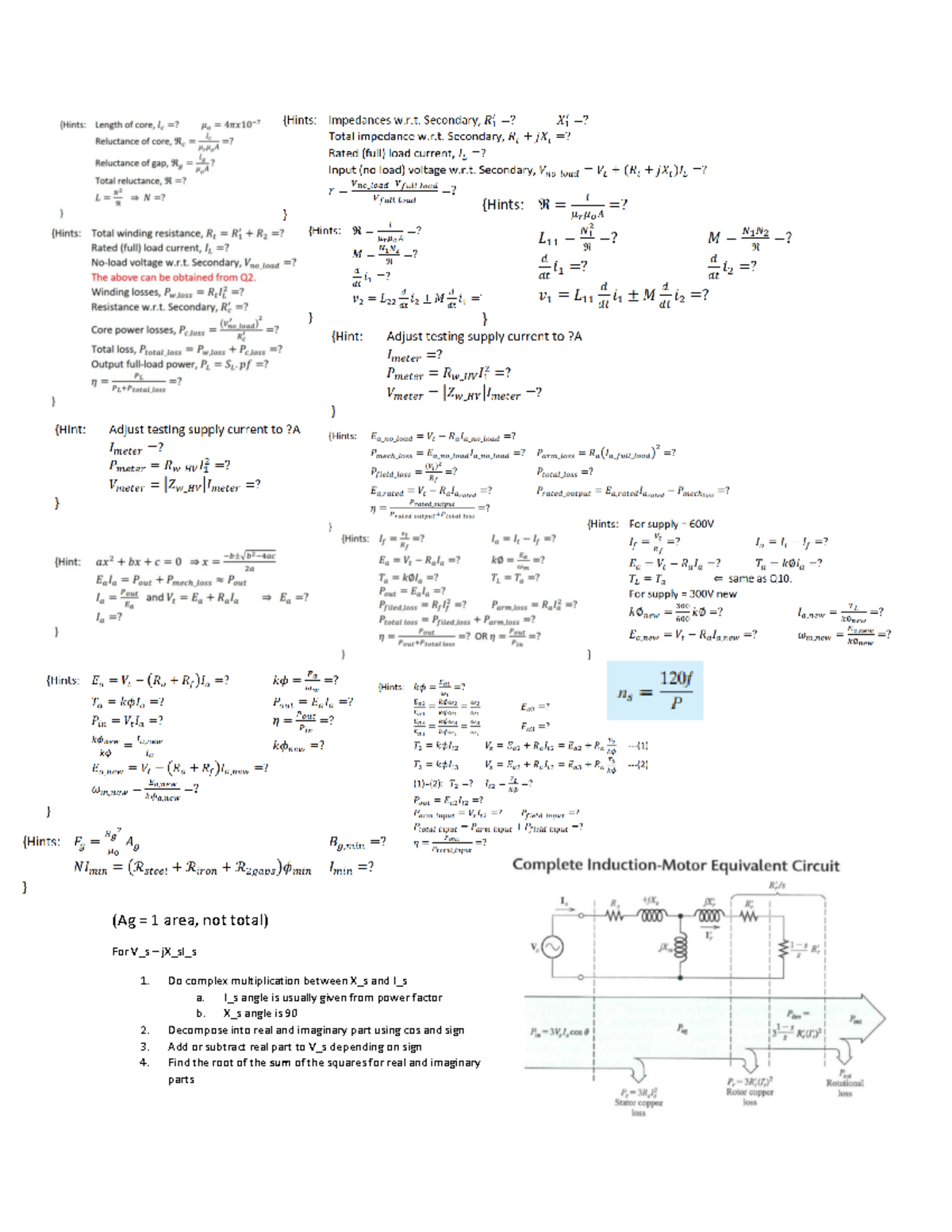 Formula Sheet - ELEC 275 - (Ag = 1 area, not total) For V_s – jX_sI_s 1 ...