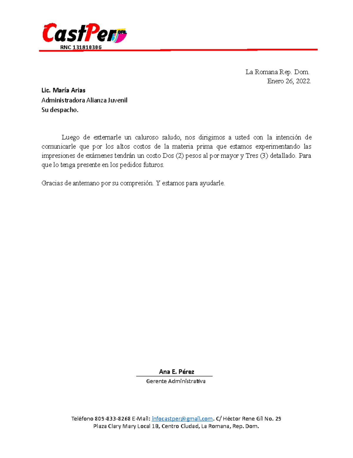 Hoja Timbrada Castper - RNC 131810306 La Romana Rep. Dom. Enero 26 ...