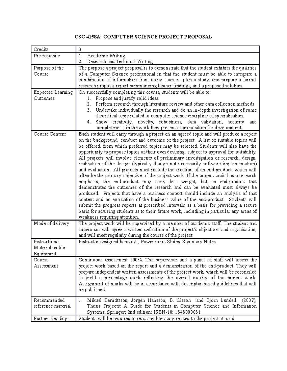 CSC 4158A Course Outline - CSC 4158A: COMPUTER SCIENCE PROJECT PROPOSAL ...