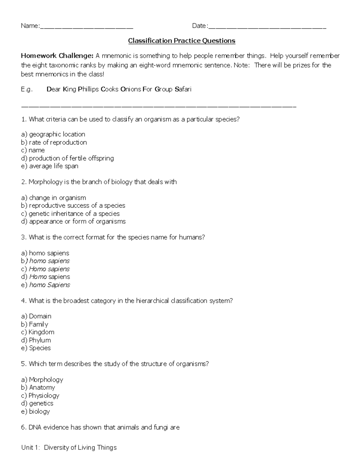 Classifications Practice questions BIO Grade 11 - Name ...