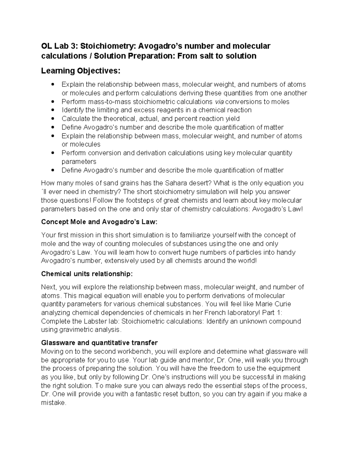 Week 3 lab chemistry - labster week 5 - OL Lab 3: Stoichiometry: Avogadro’s number and molecular ...