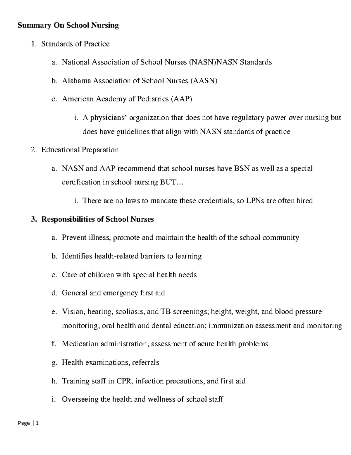 Summary On School Nursing - Standards of Practice a. National ...