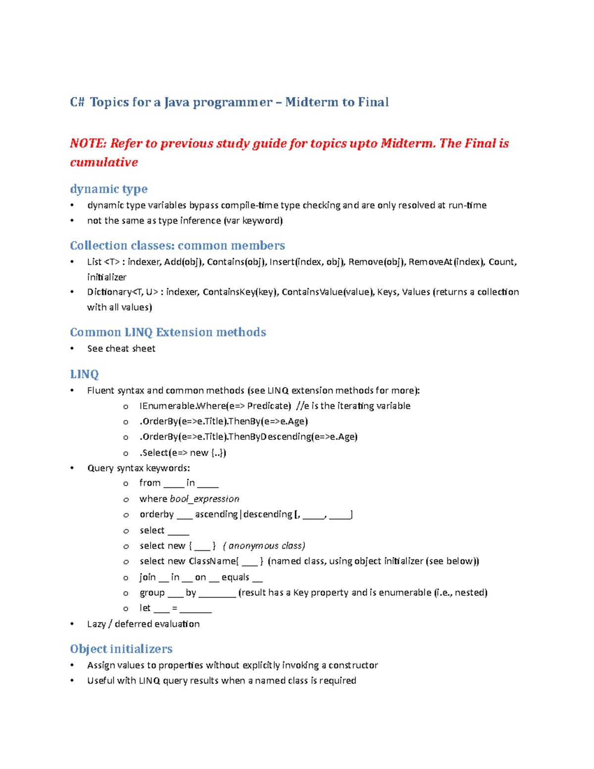 Review Notes Final - handout - C# Topics for a Java programmer ...
