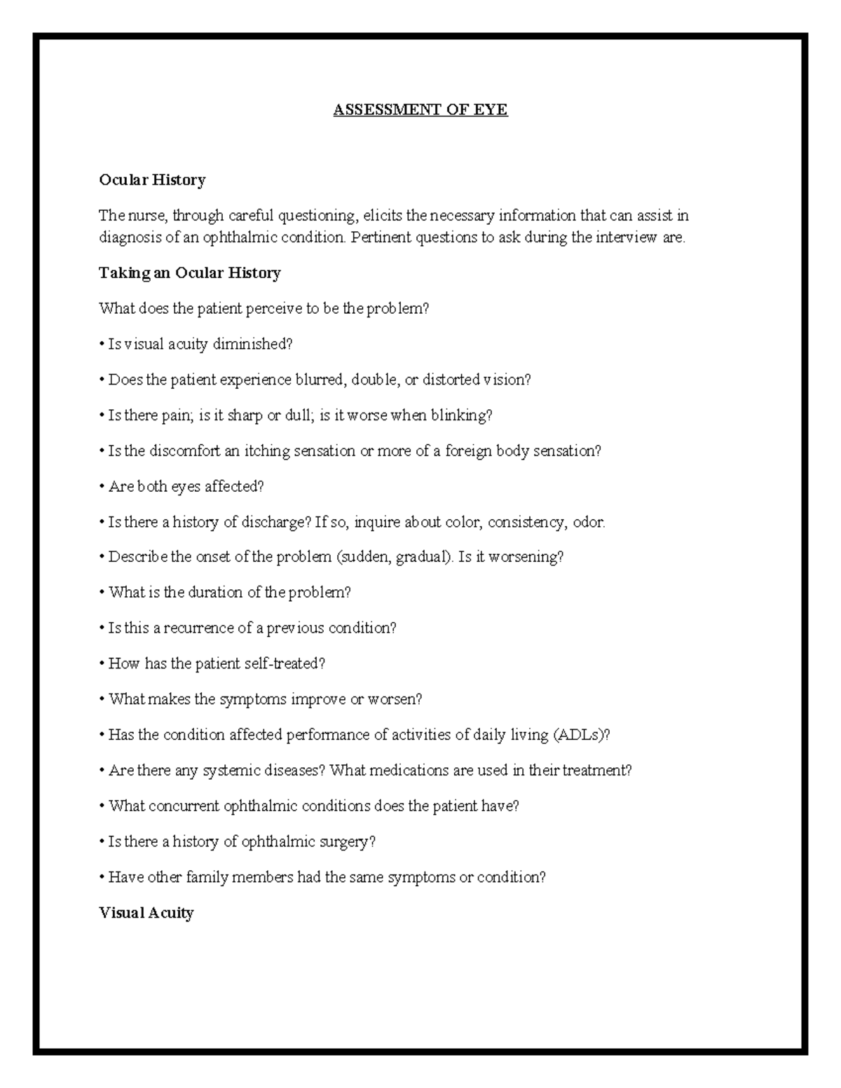 Assessment of eye - ASSESSMENT OF EYE Ocular History The nurse, through ...