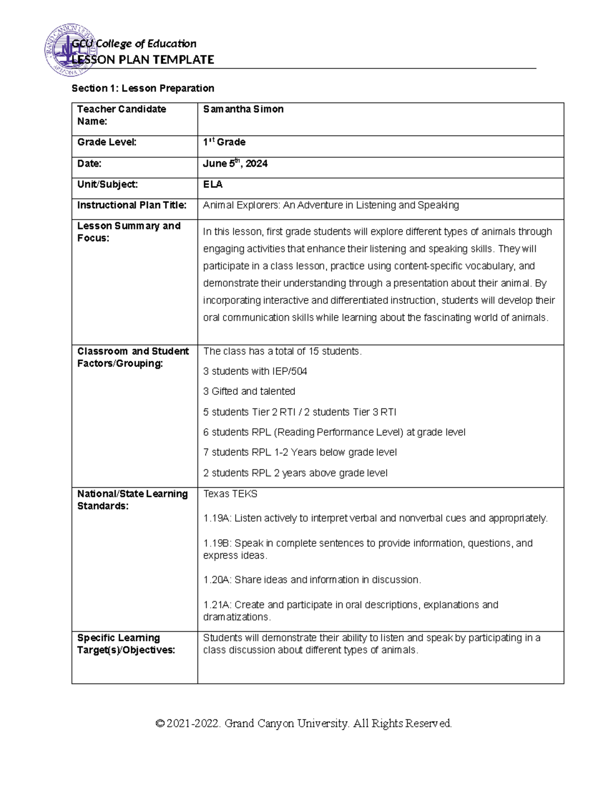 Listening and speaking lesson plan s. simon - LESSON PLAN TEMPLATE ...