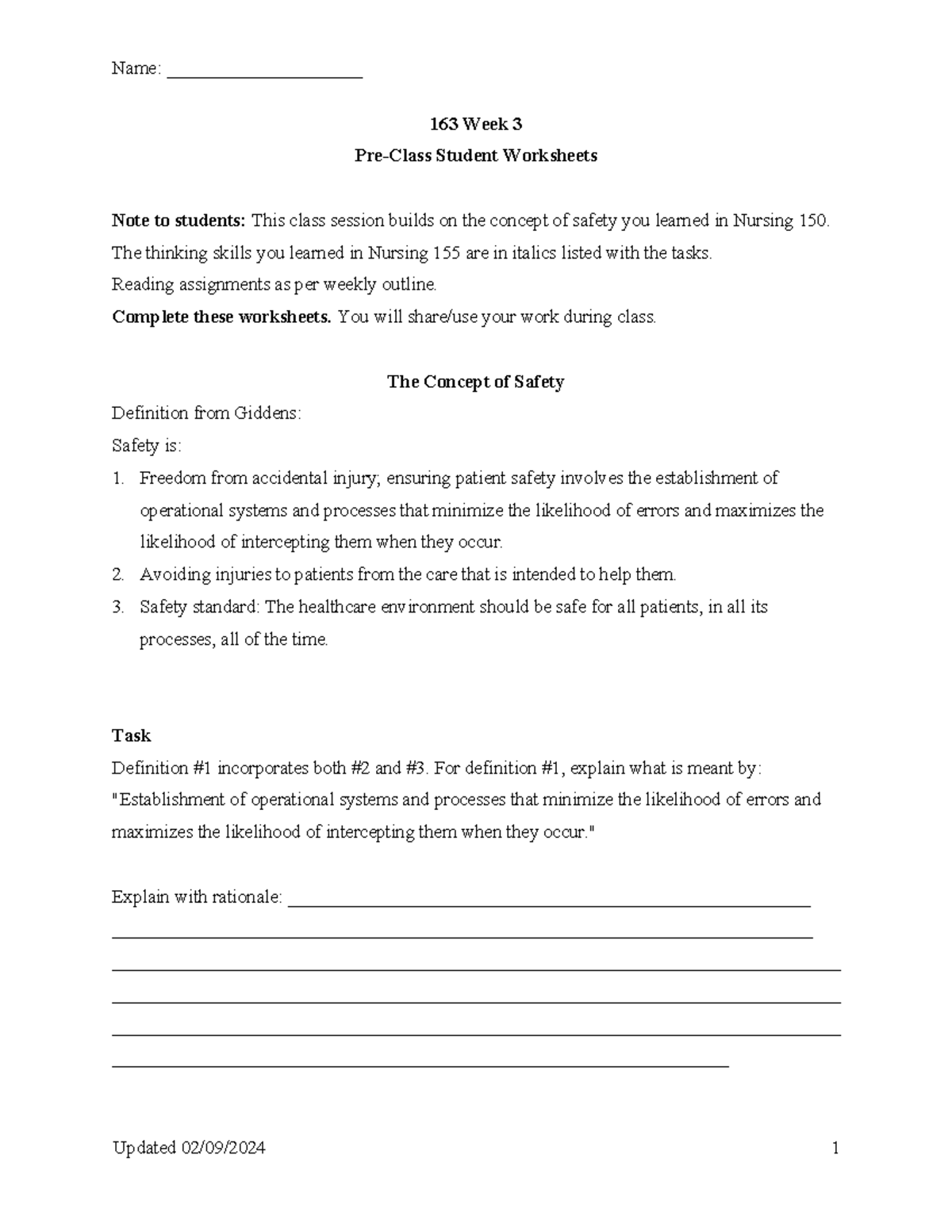 NUR 163 Week 3 Pre-Class Assignment - 163 Week 3 Pre-Class Student ...