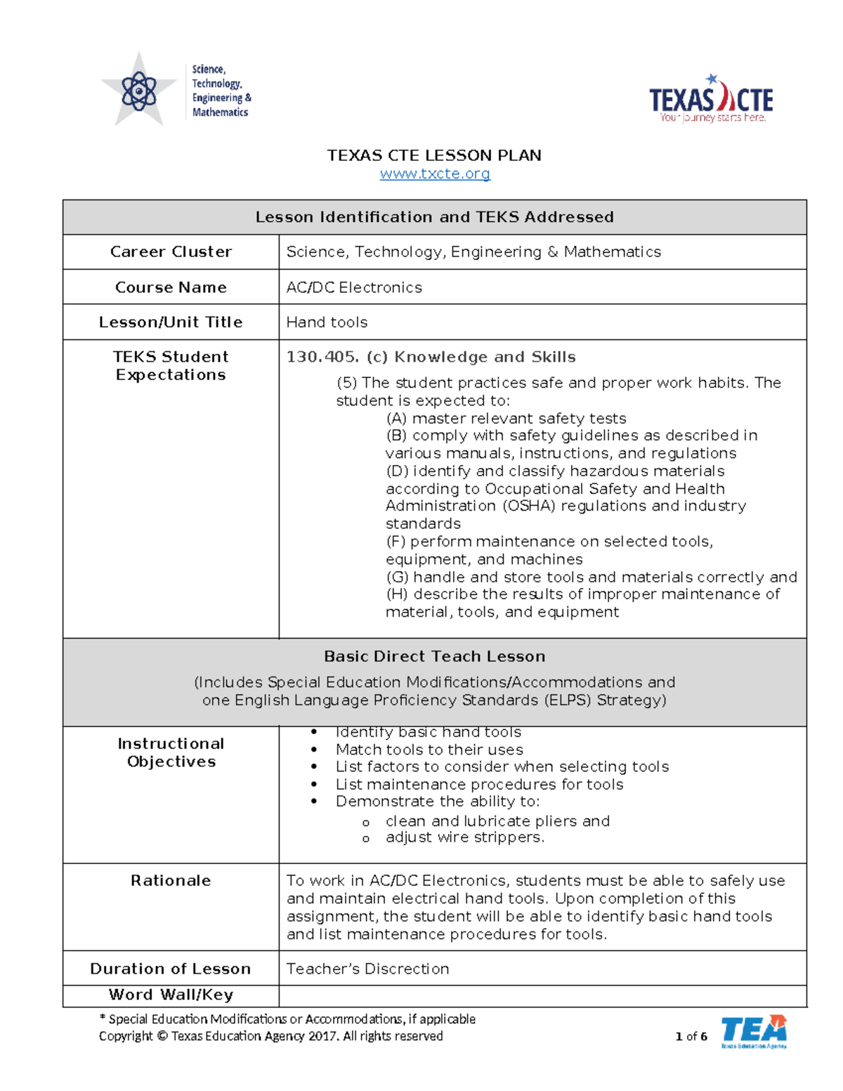 Lesson Plan Hand Tools - LEESON - TEXAS CTE LESSON PLAN txcte Lesson ...