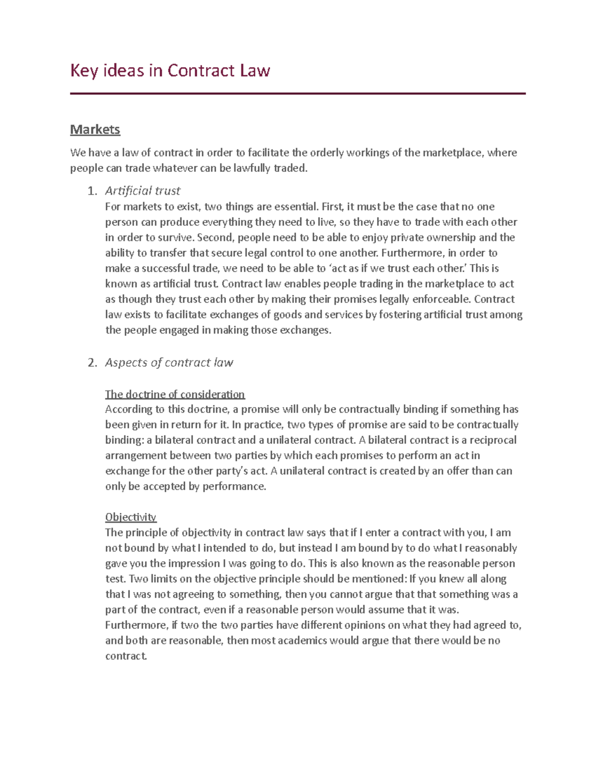 Key ideas in Contract Law notes - Key ideas in Contract Law Markets We ...