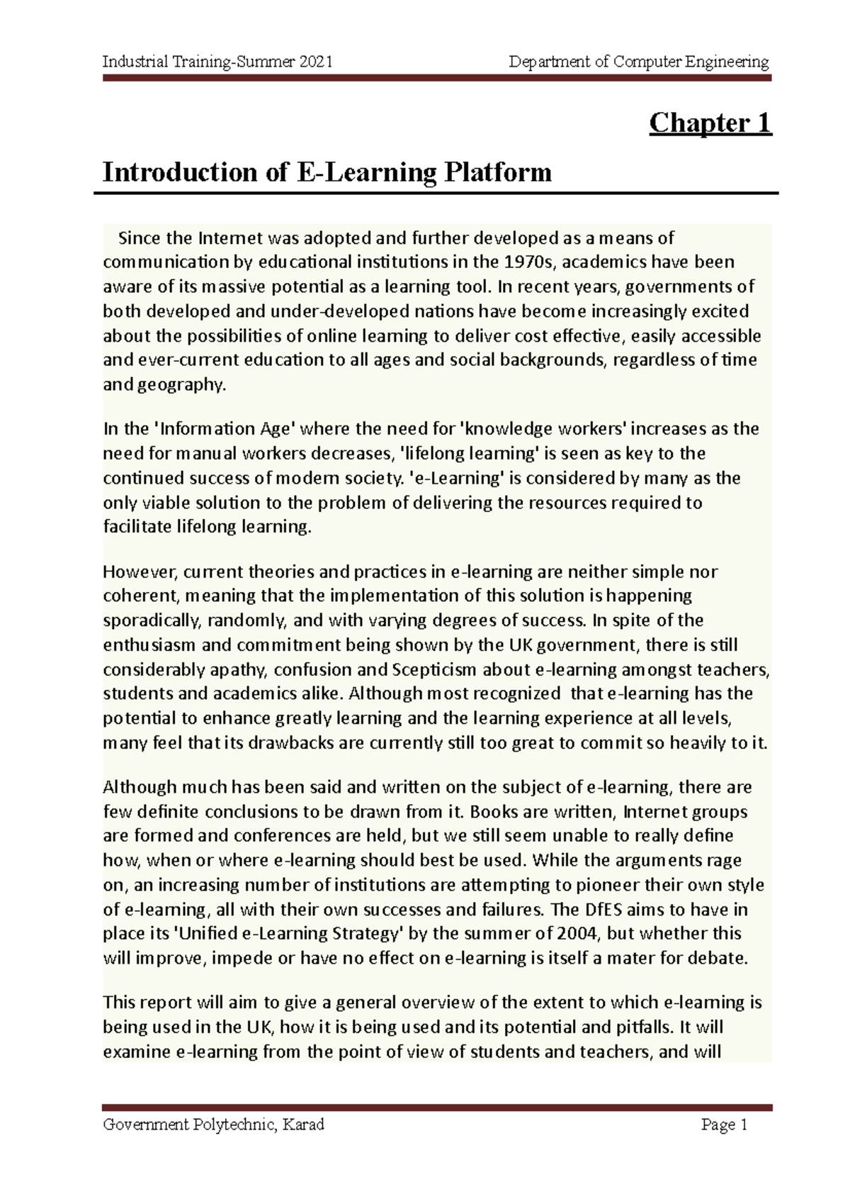 ITR Report Format Internshalatarimnn inh - Chapter 1 Introduction of E ...