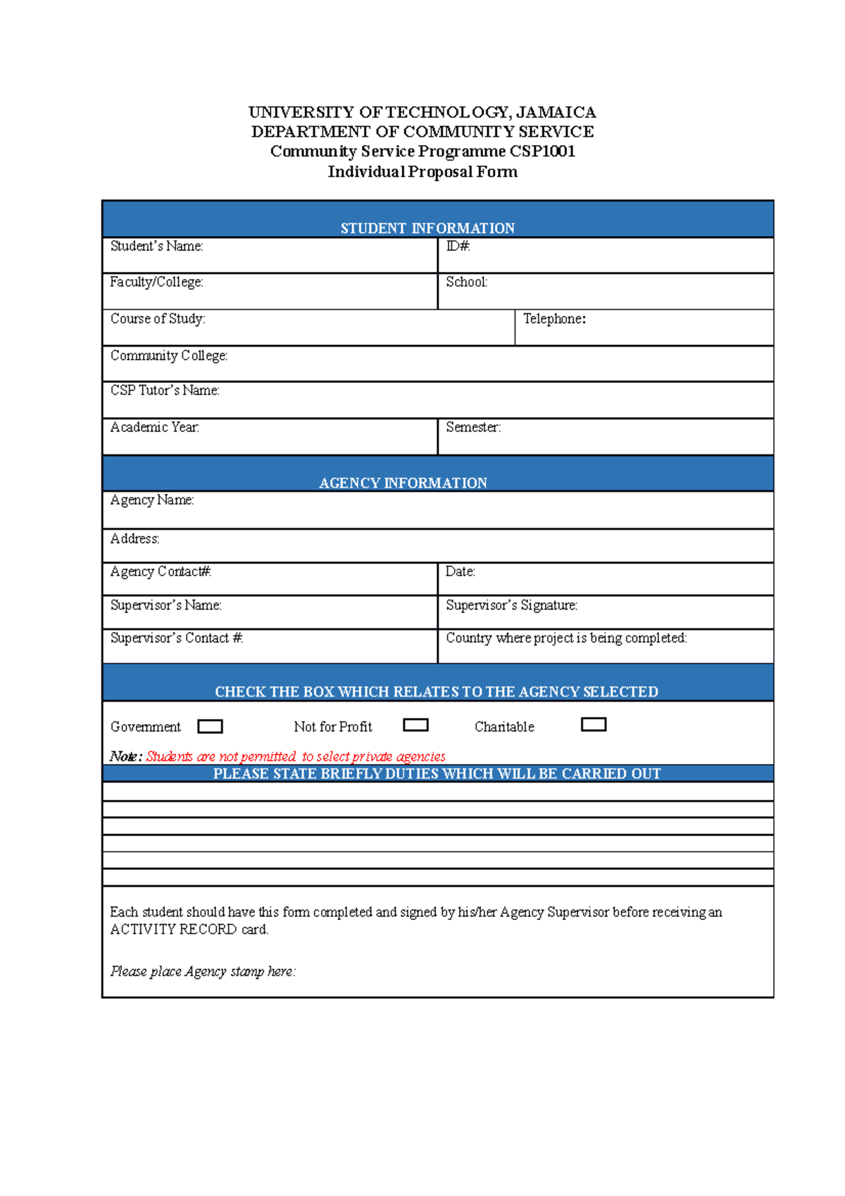 Individual Proposal Form - UNIVERSITY OF TECHNOLOGY, JAMAICA DEPARTMENT ...