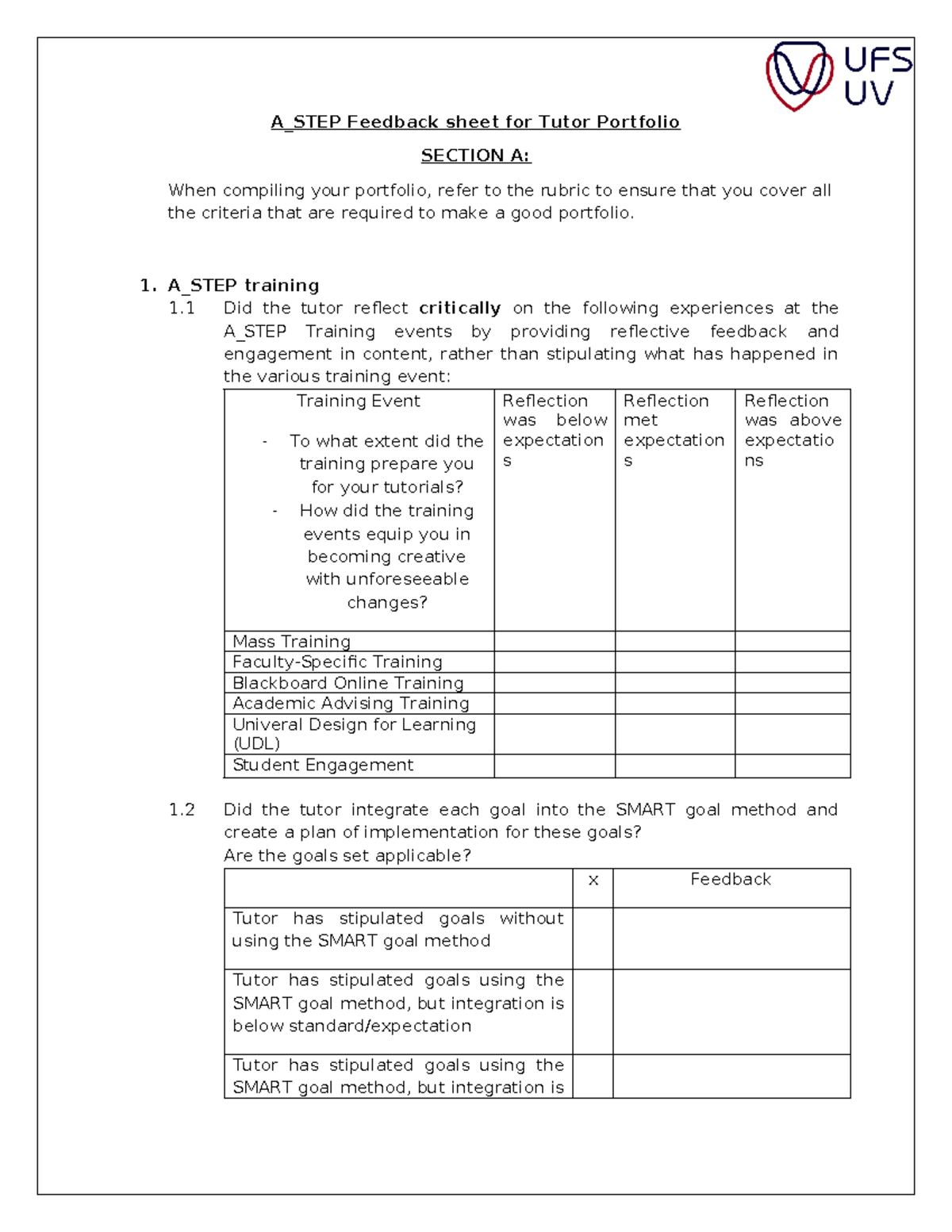 A STEP Portfolio Feedback sheet - A_STEP Feedback sheet for Tutor ...