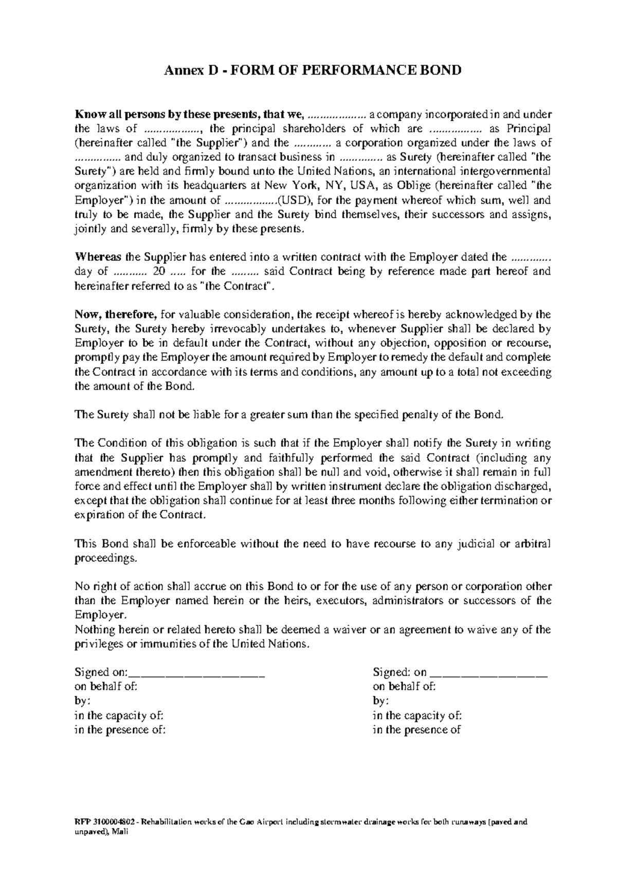 Annex D - Performance Bond - RFP 310000 4802 - Rehabilitation works of ...