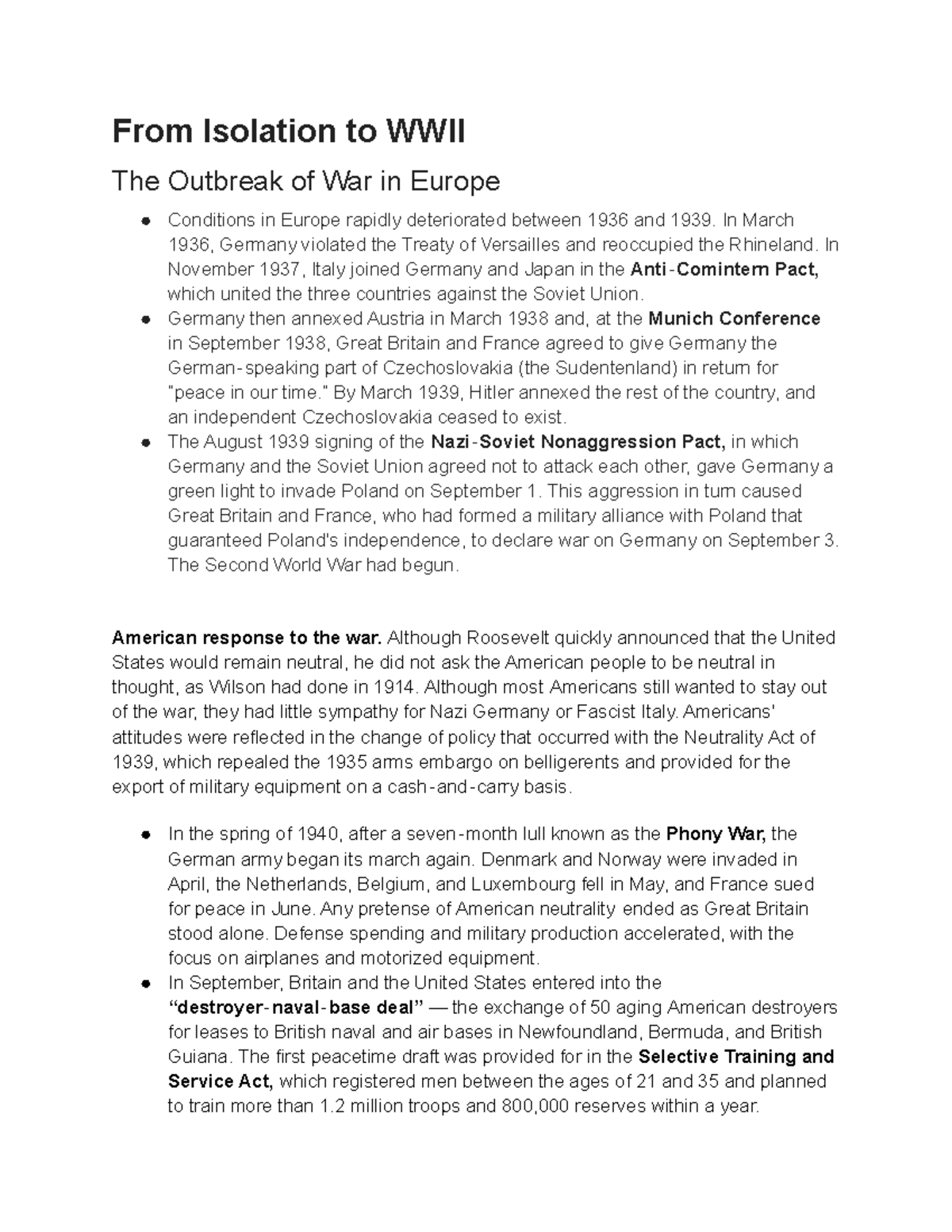 From Isolation to WWII - Lecture notes 23 - From Isolation to WWII The ...