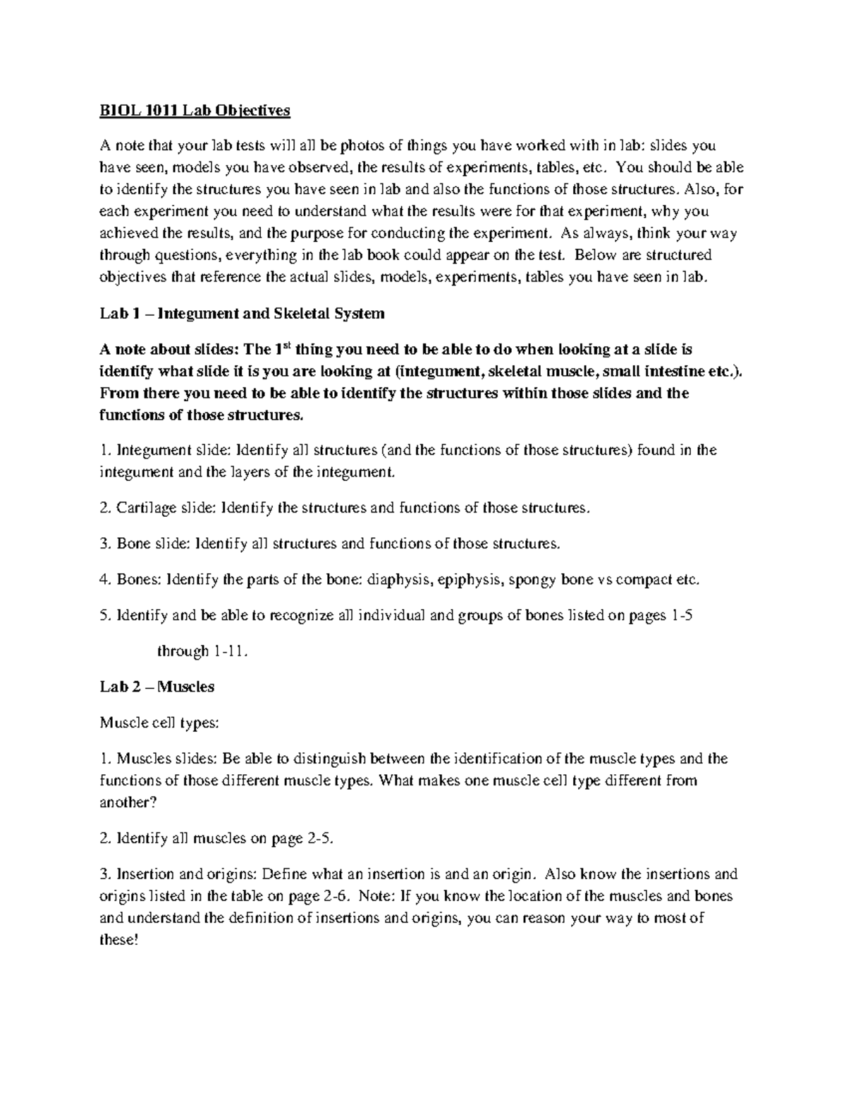 Biol 1011 Lab Objectives Biol 1011 Lab Objectives A Note That Your Lab Tests Will All Be