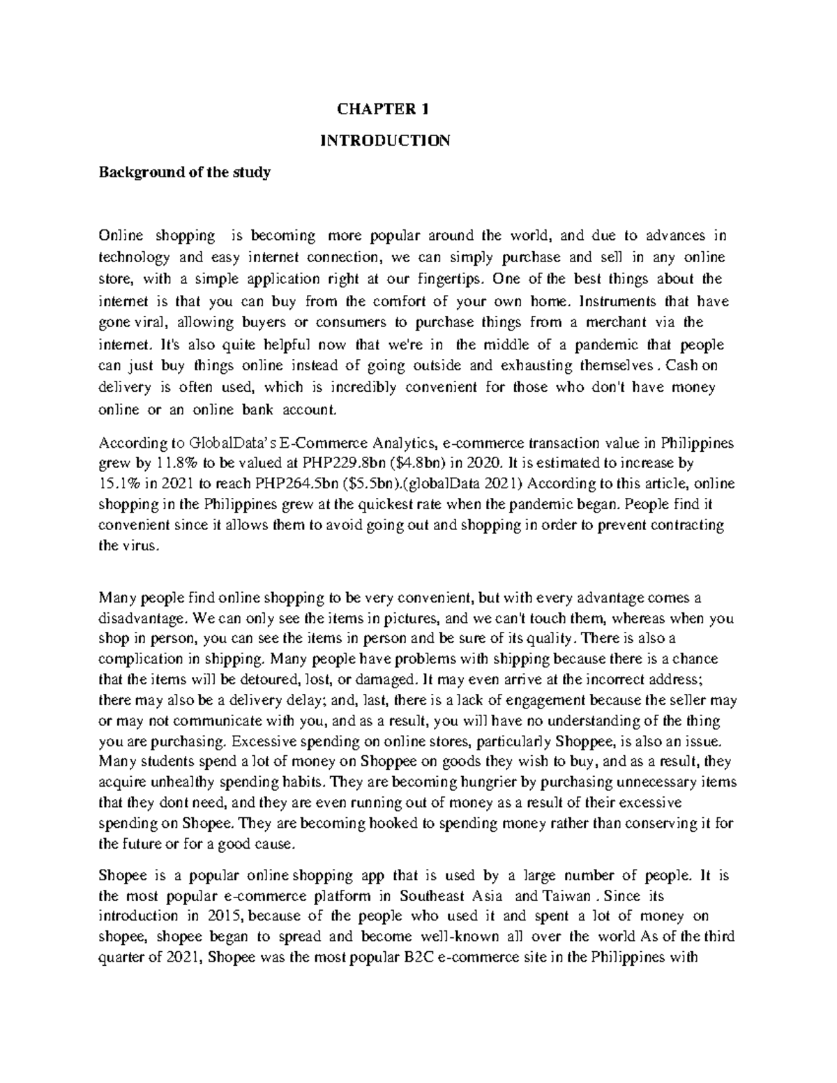 Pr1-1 - Ndnnsmslala - CHAPTER 1 INTRODUCTION Background of the study Online shopping is becoming ...