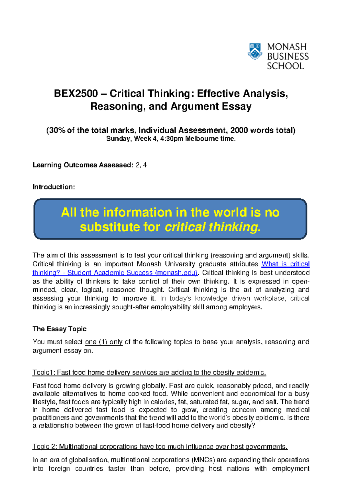 BEX2500 - Critical Thinking Essay-Effective Analysis, Logic and ...