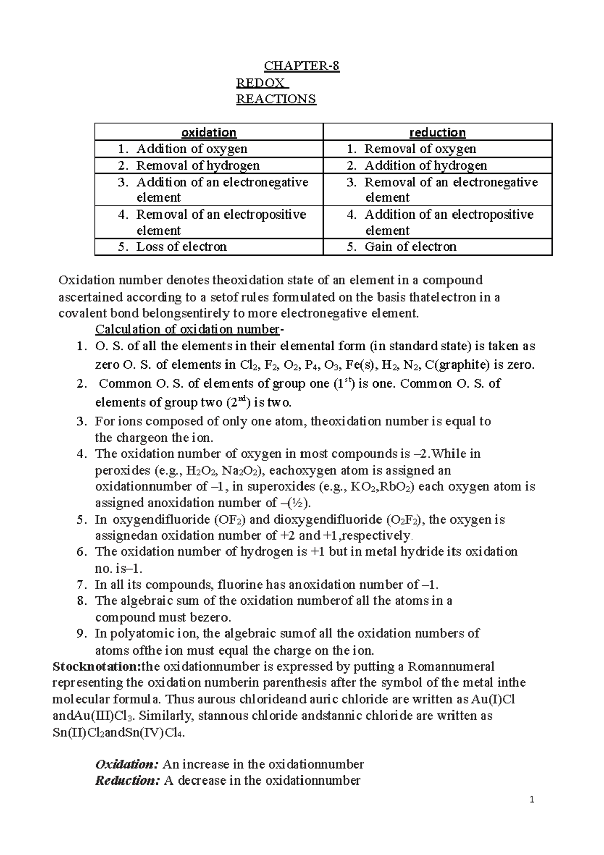 11 chemistry notes ch08 Redox Reaction - CHAPTER- REDOX REACTIONS ...