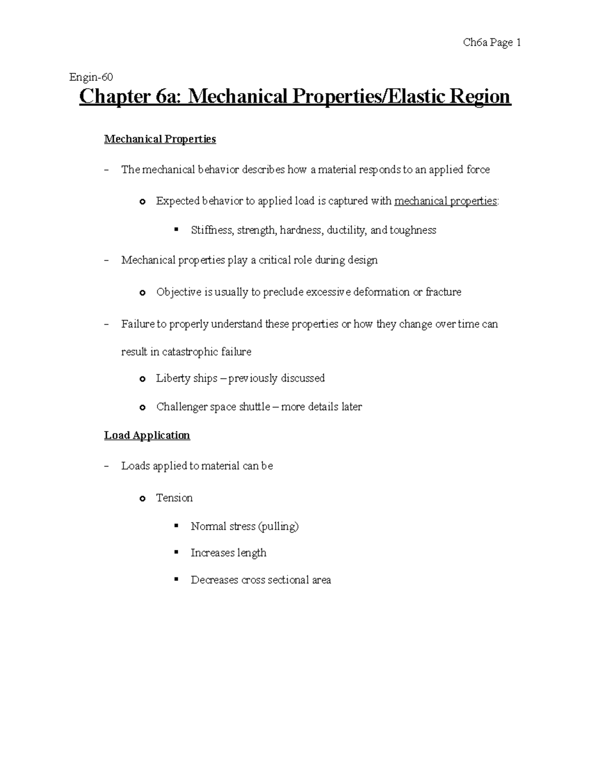 Chapter 6a Notes - Engin- Chapter 6a: Mechanical Properties/Elastic ...