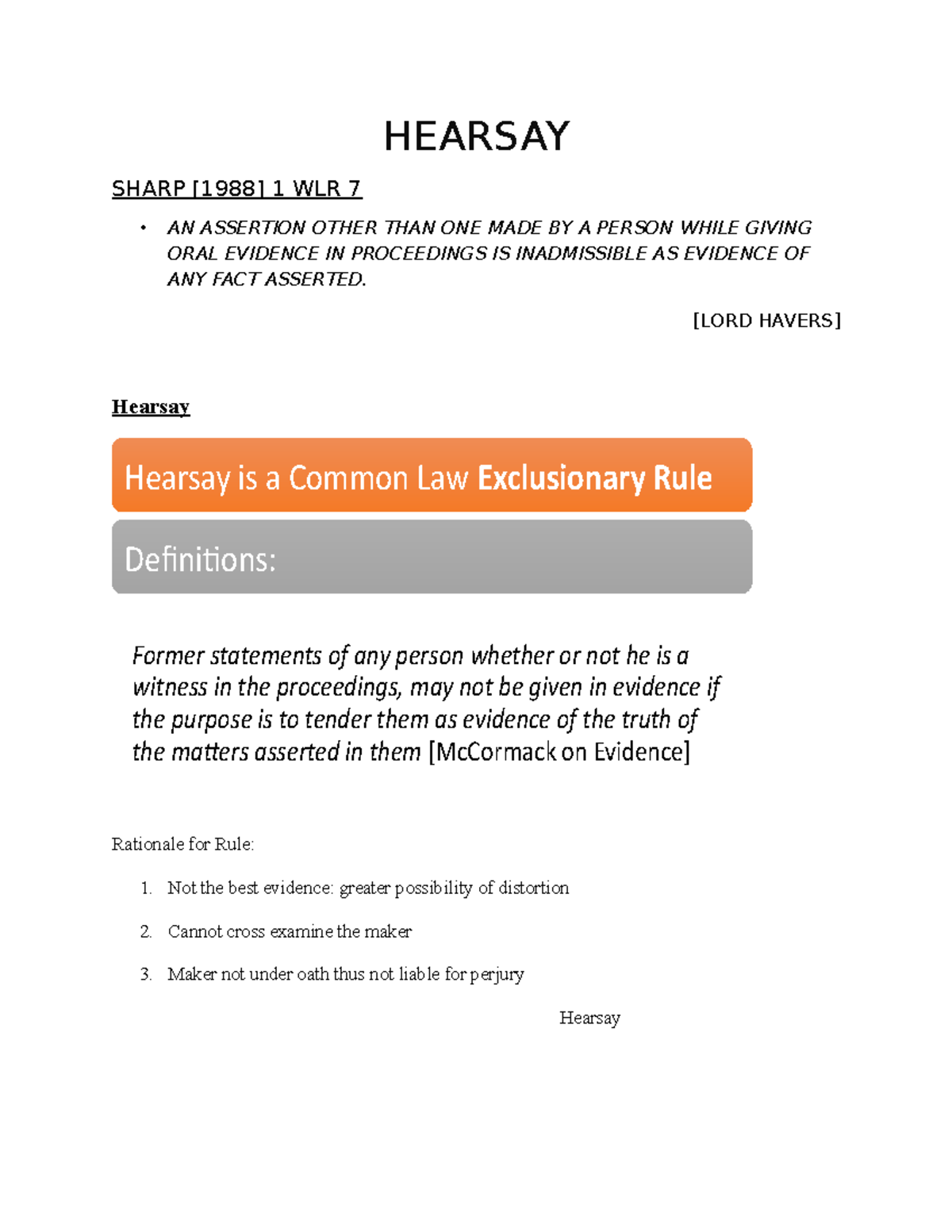 Hearsay wk 7 evidence - criminal law - HEARSAY SHARP [1988] 1 WLR 7 ...