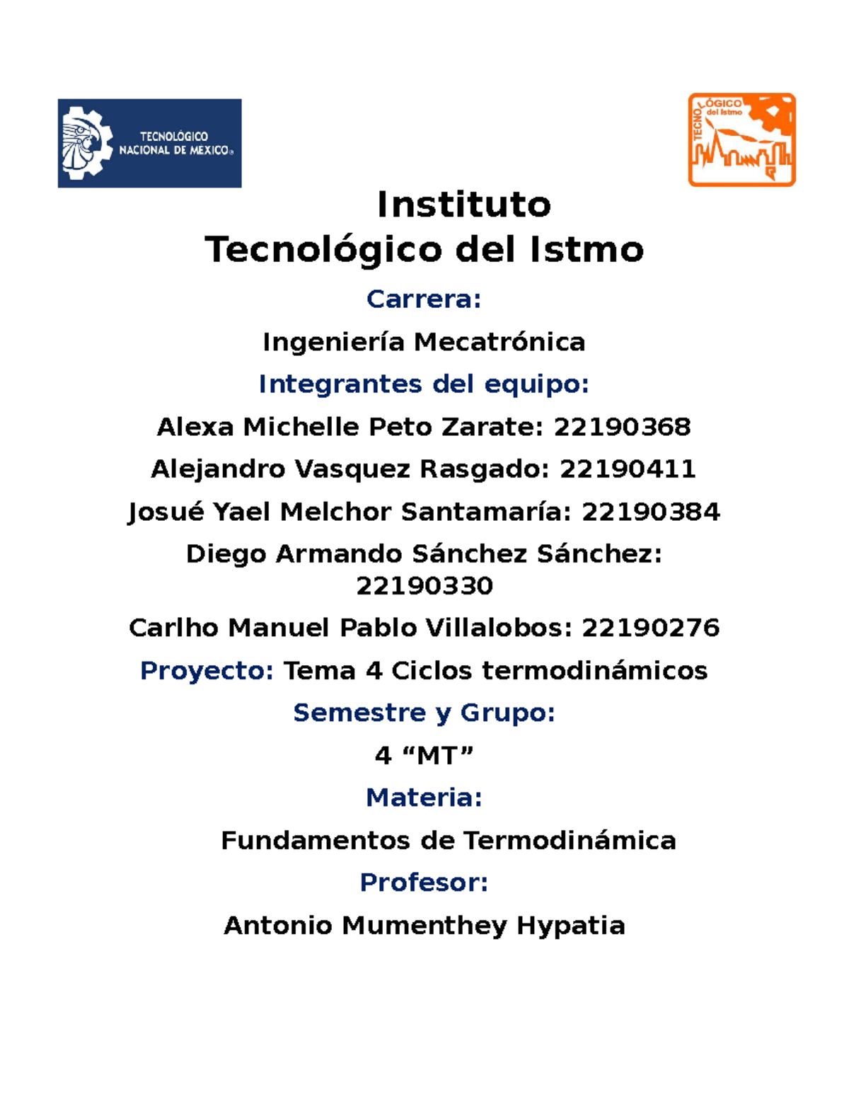 Ciclos termodinamicos - Instituto Tecnológico del Istmo Carrera ...