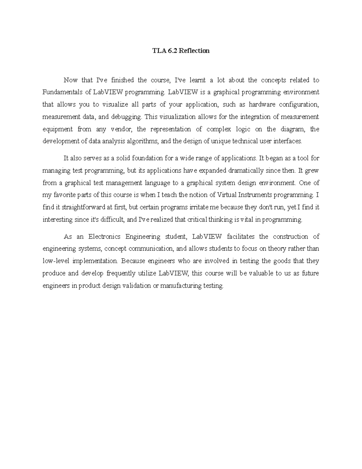 TLA Reflection - Grade: A+ - Fundamentals Of Labview Programming - TIP - Studocu