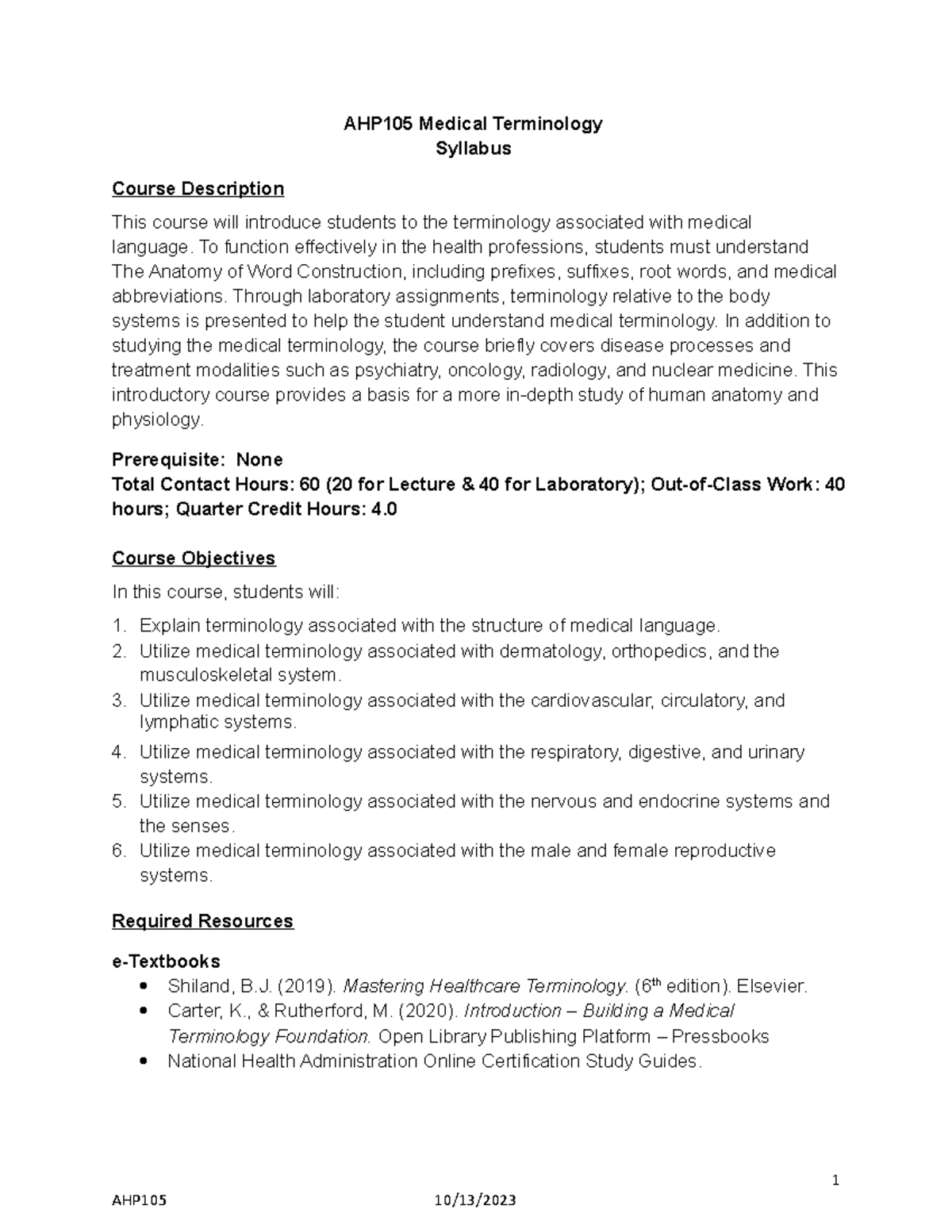 AHP105 Medical Terminology Online Syllabus - AHP105 Medical Terminology ...