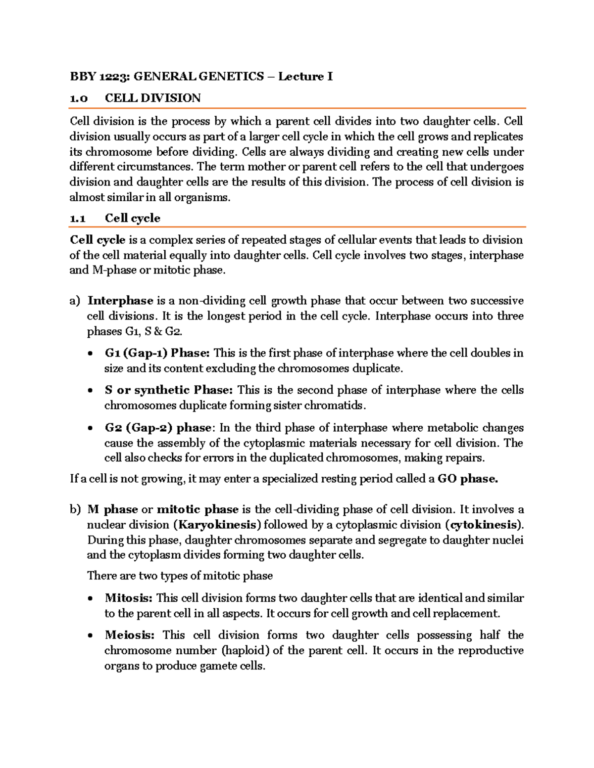 BBY 1223 General genetic notes - Lecture I - BBY 1223: GENERAL GENETICS ...