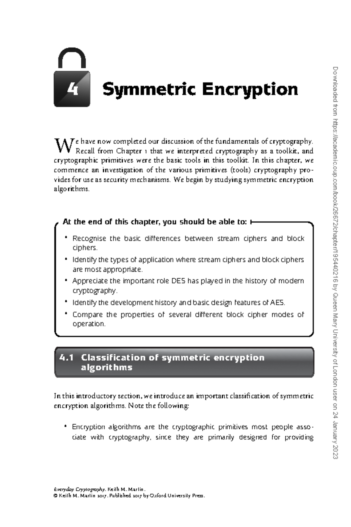 Chapter-4 - Chapter of book - 4 Symmetric Encryption W e have now ...