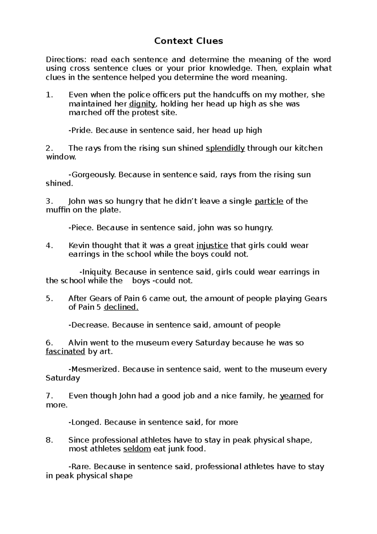 Content - Grade: 6 - Context Clues Directions: read each sentence and determine the meaning of ...