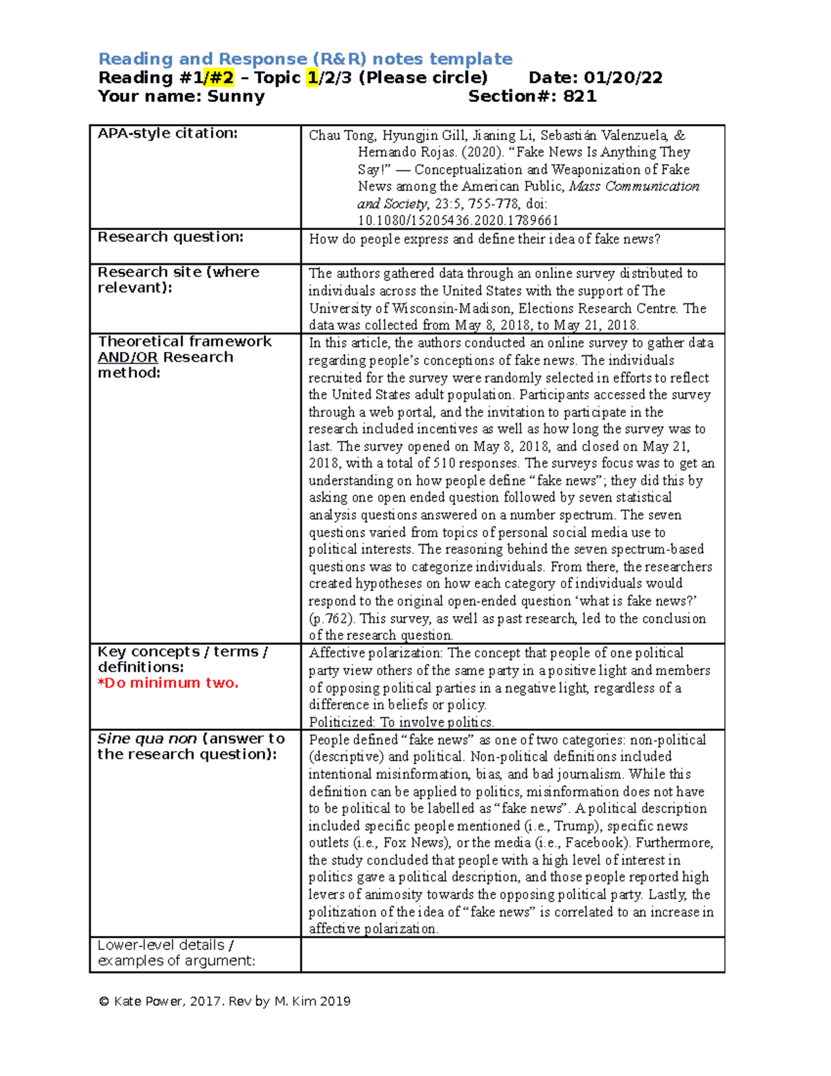 Sunny - Topic 1 R^0R (Tong et al - Reading and Response (R&R) notes ...