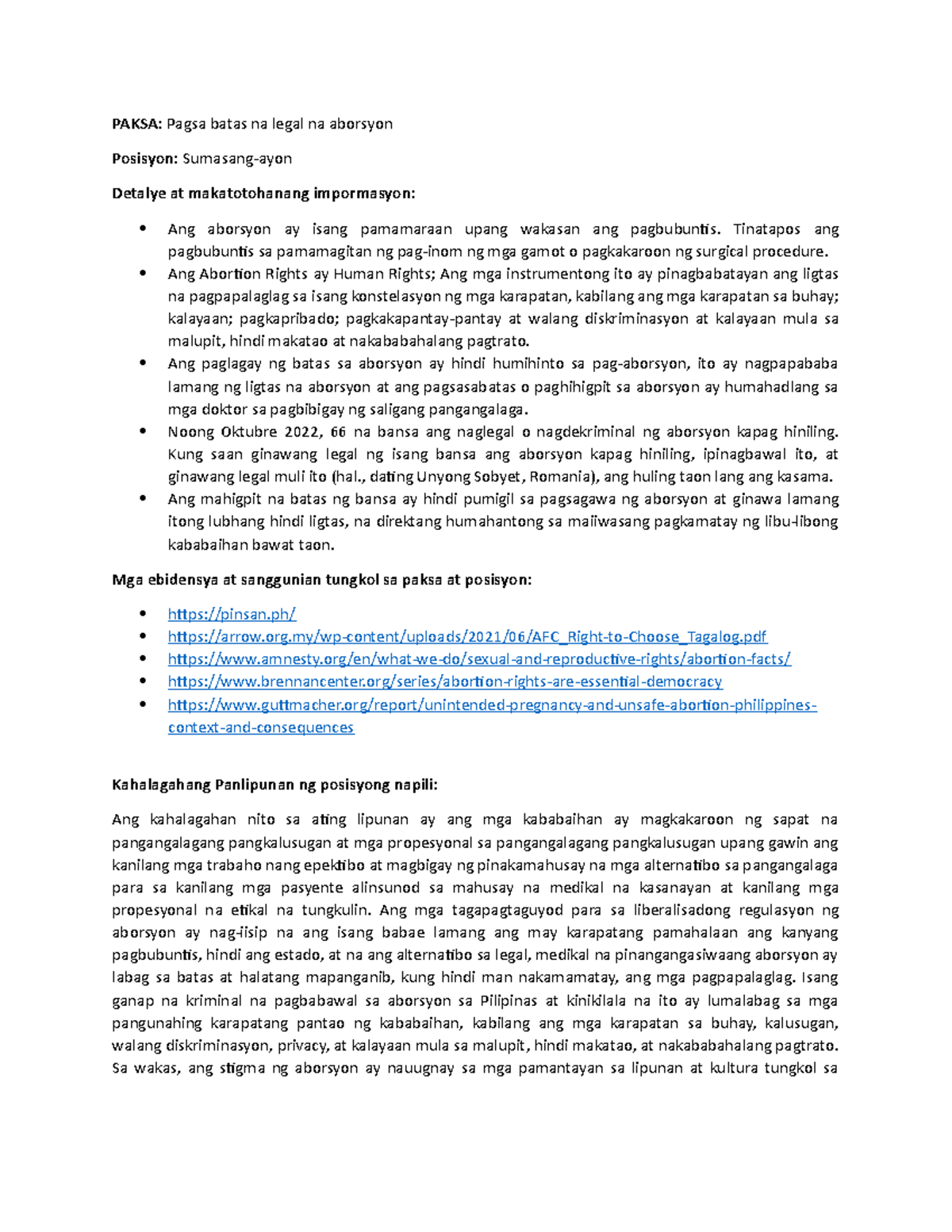 Burador - PAKSA: Pagsa batas na legal na aborsyon Posisyon: Sumasang ...
