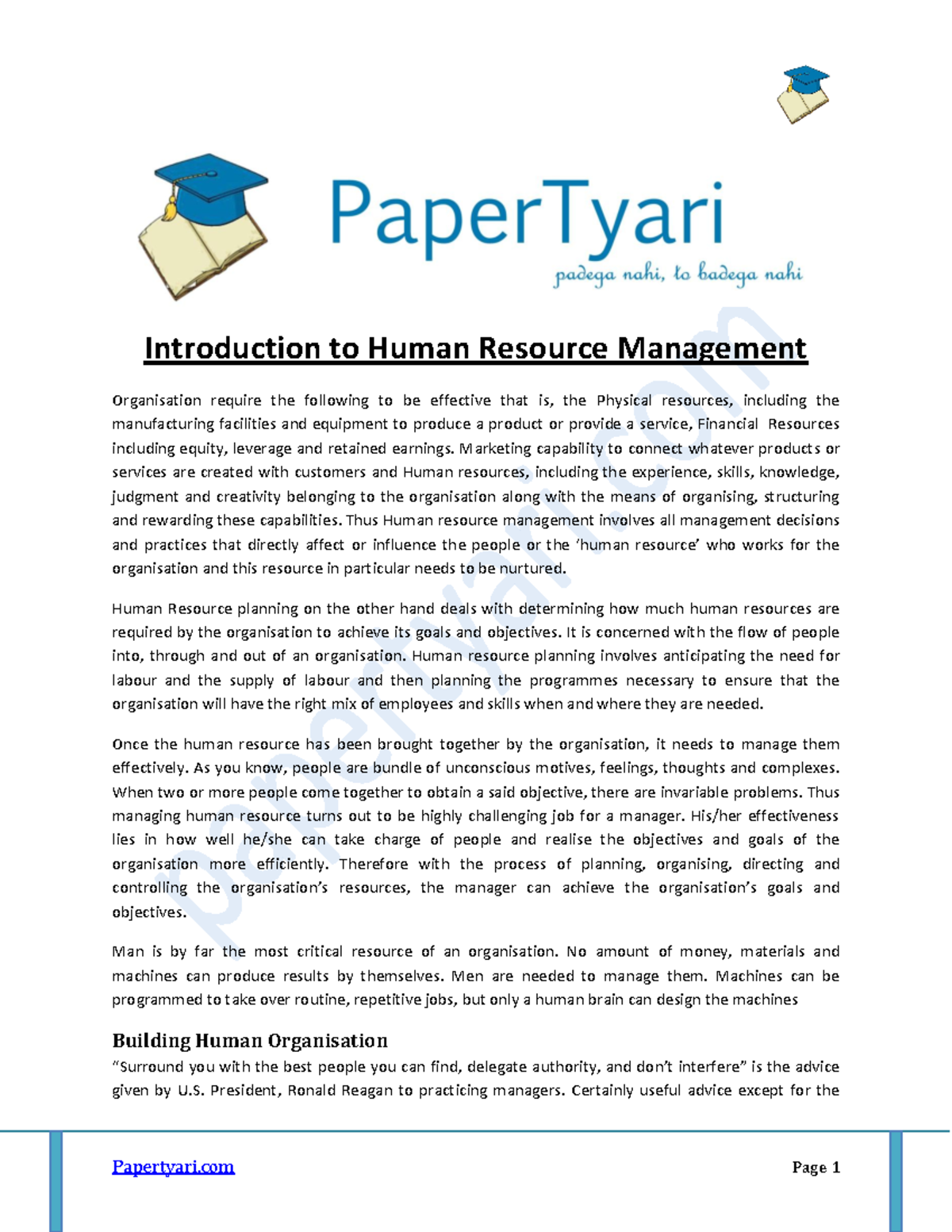 01 Introduction to Human Resource Management - Papertyari ...