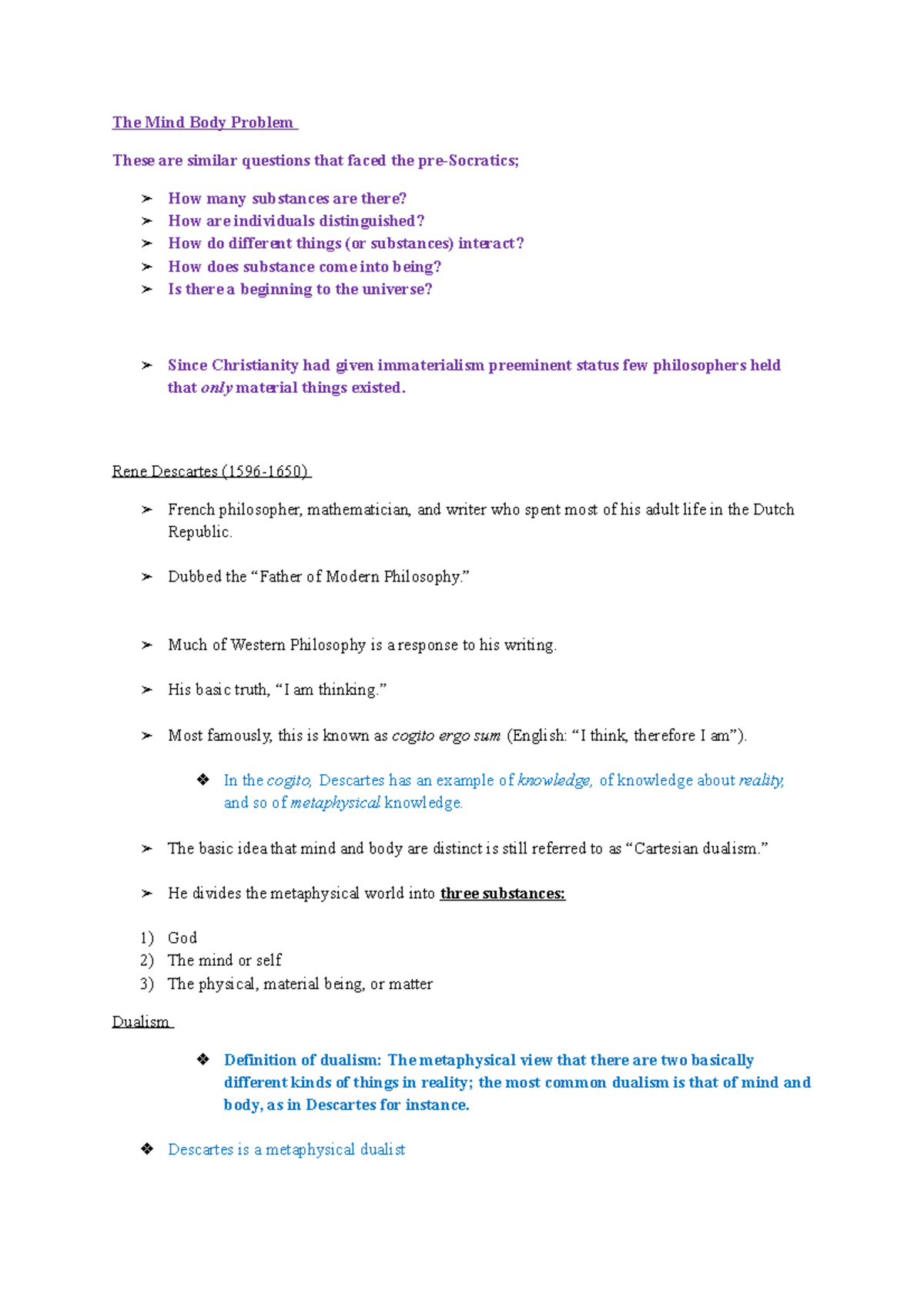 Lecture Notes - The Mind Body Problem, Descartes, Dualism - The Mind ...