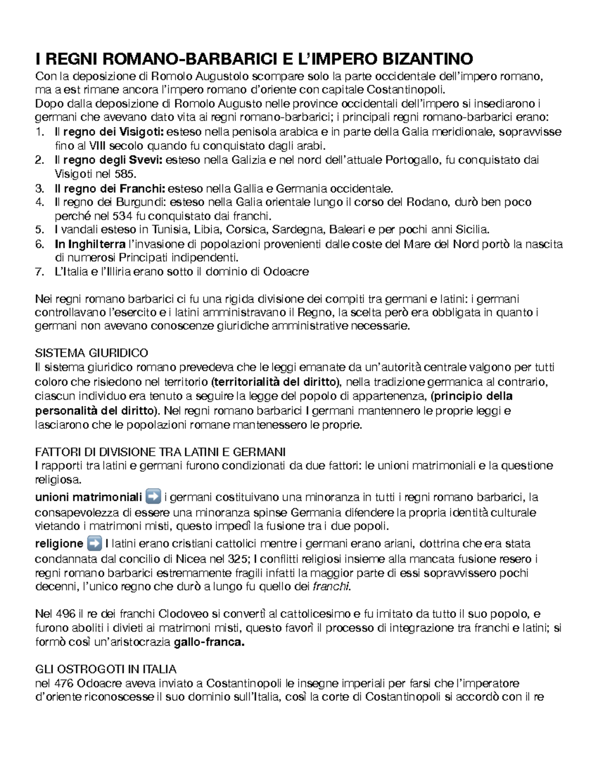 Storia - LECTURE NOTES - I REGNI ROMANO-BARBARICI E L’IMPERO BIZANTINO ...