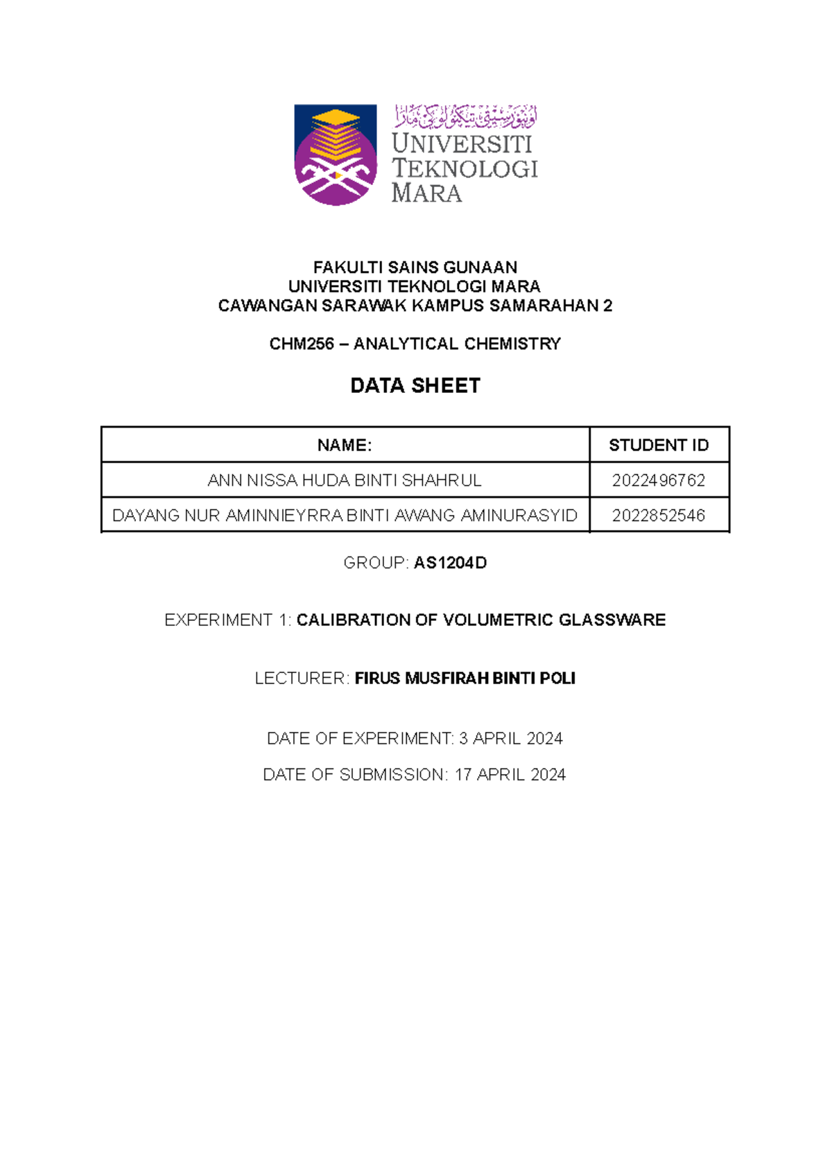 CHM256 EXP 1 - lab report - FAKULTI SAINS GUNAAN UNIVERSITI TEKNOLOGI ...