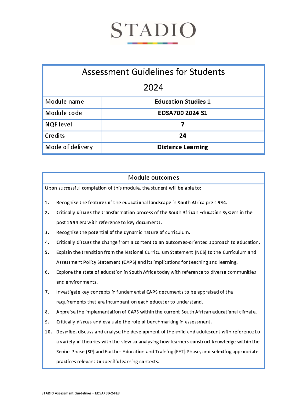Stadio Assessment Guidelines - EDSA700 DL - Assessment Guidelines for ...