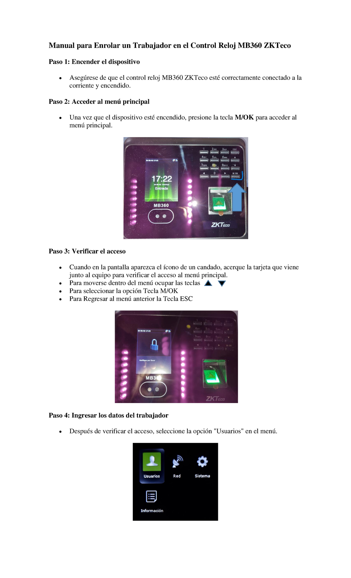 Manual para Enrolar un Trabajador en el Control Reloj MB360 ZKTeco ...