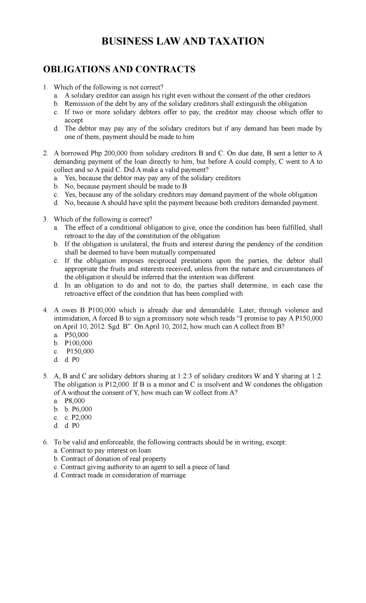 Business Law and Taxation - BUSINESS LAW AND TAXATION OBLIGATIONS AND ...