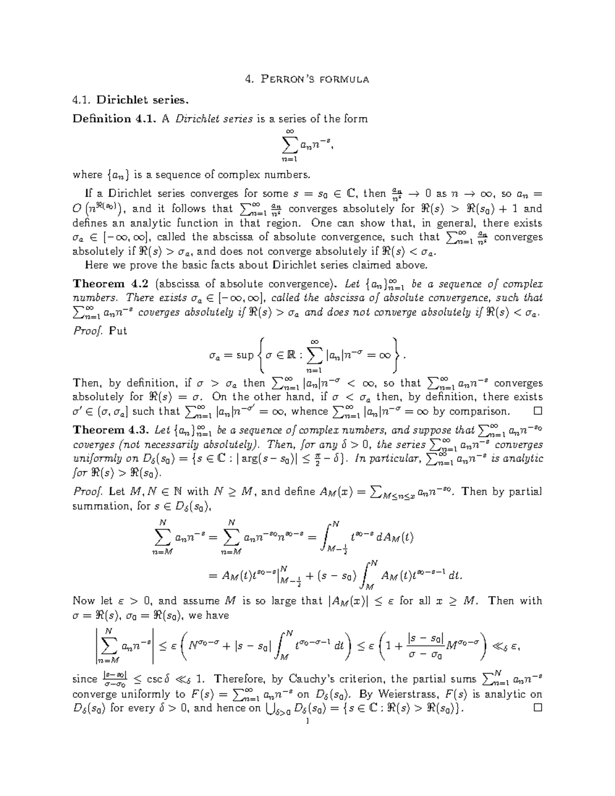 MATHM0007 2016-2017 Lecture 4 - Perron's Formula - 4. Perron’s formula 4. Dirichlet series ...