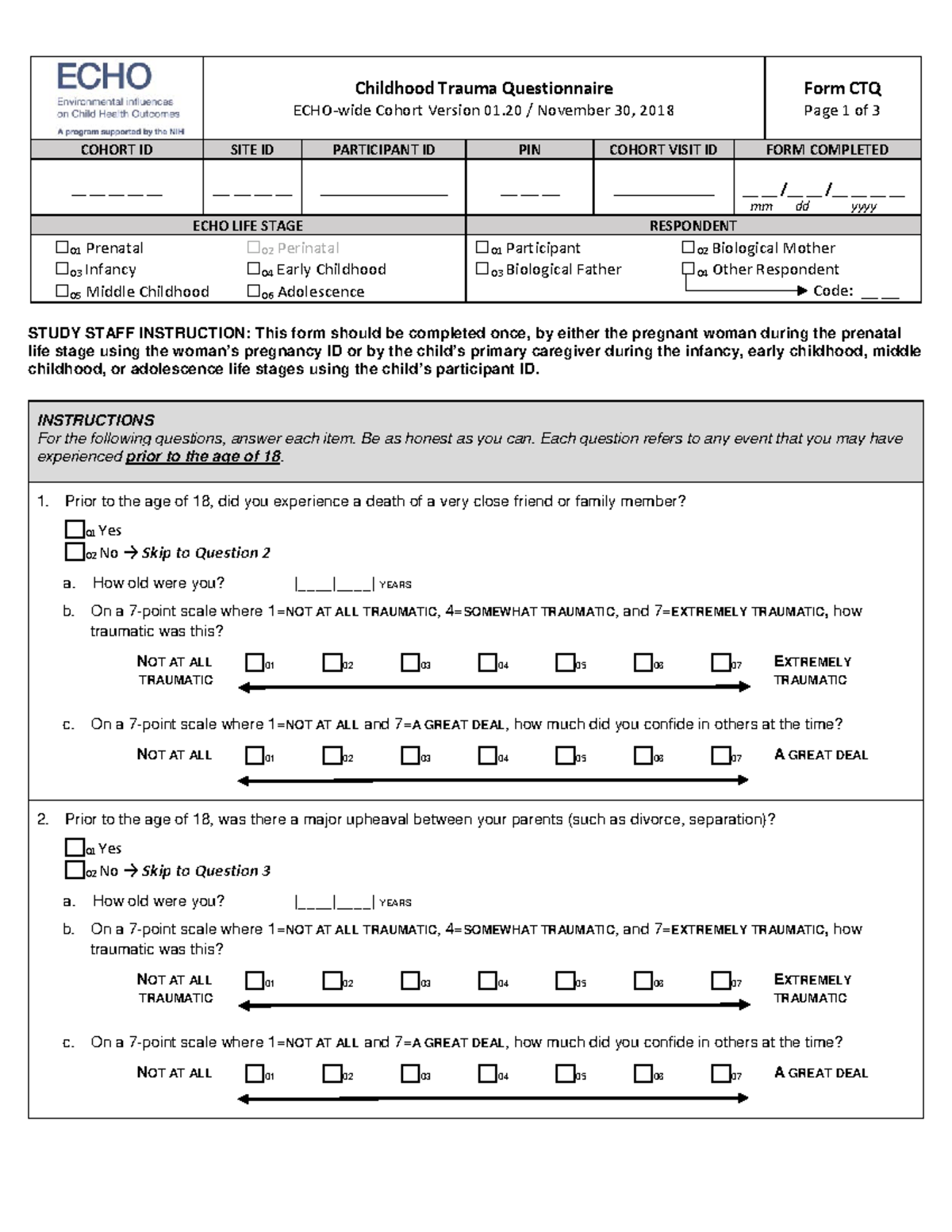 Childhood Trauma Questionnaire Form CTQ Perinatal - Childhood Trauma ...