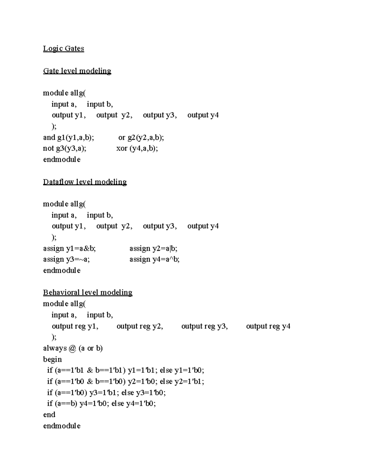 1.Logic gates - Logic Gates Gate level modeling module allg( input a ...